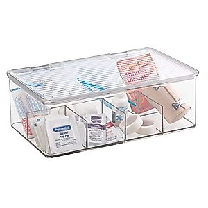 mDesign Plastic First Aid Kit Storage Box with Clear Top Lid for Bathroom, Kitchen, Cabinet, Closet, Drawer - Organizes Medicine, Ointments, Adhesive Bandages, Dental, 8 Divided Sections - Clear