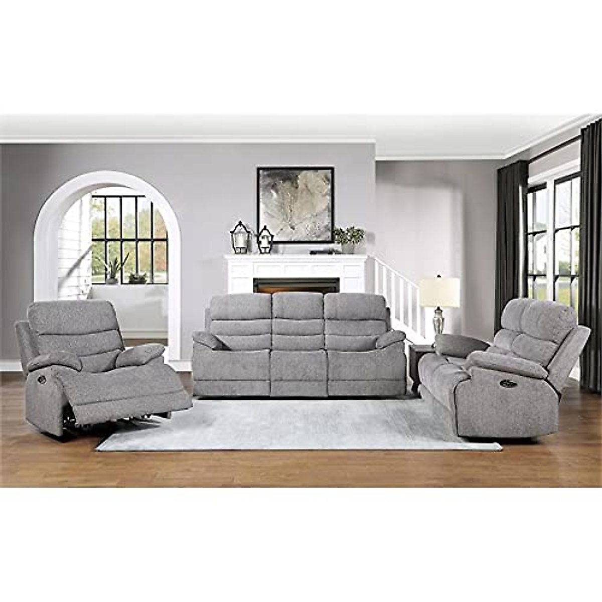 Pemberly Row Transitional Fabric Power Headrest Double Reclining Sofa in Gray