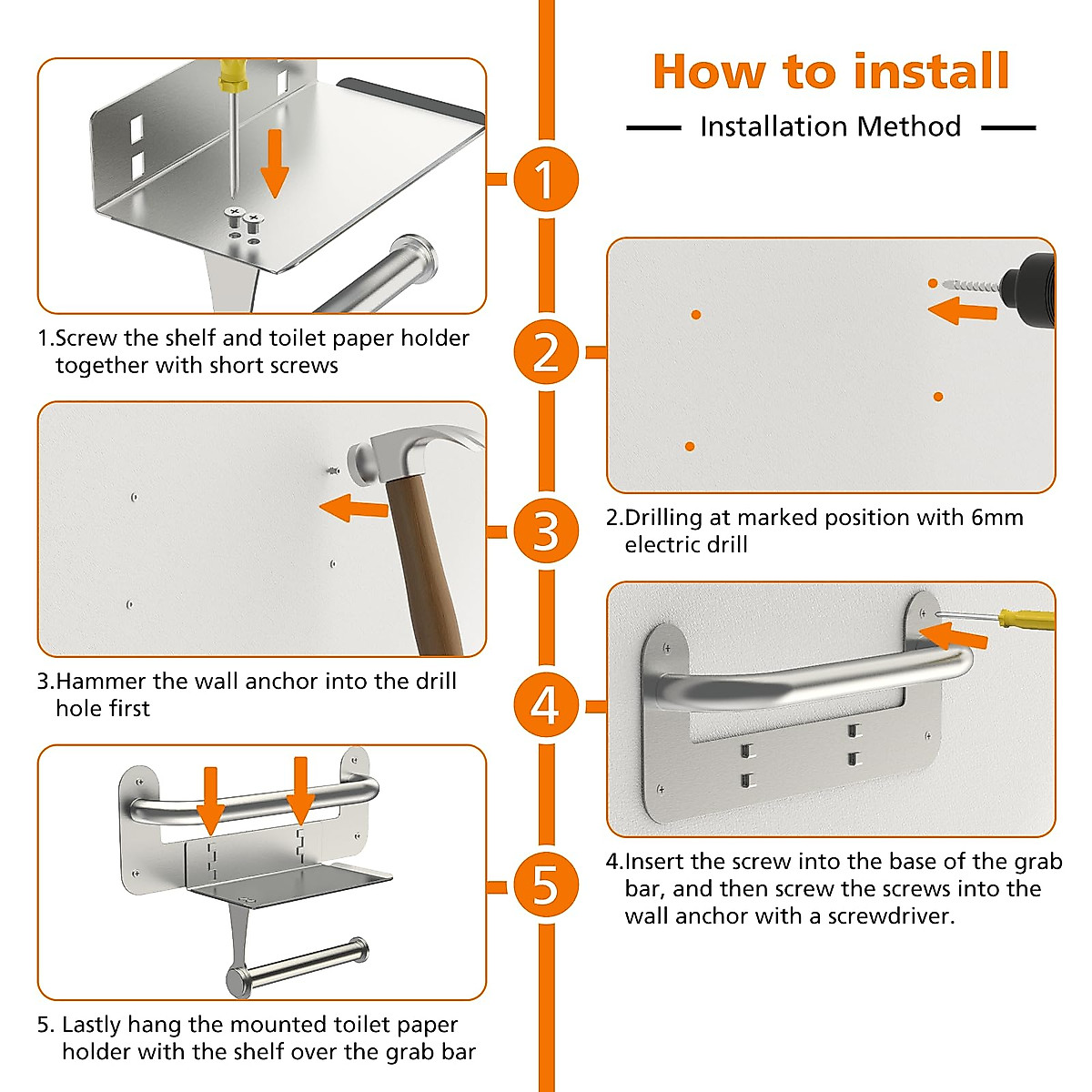 Grab Bars for Bathtubs and Showers with Toilet Paper Holder, Assistance Handle with Toilet Roll Holder and Shelf for Elderly Seniors, Waterproof Bathroom Handicap Safety Handrail for Wall Mount