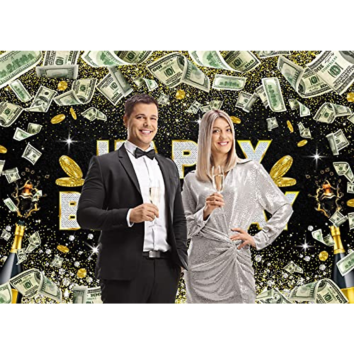 7x5ft Dollar Bill Black Gold Birthday Backdrop Glitter Diamond Champagne Background Money Casino 16th 18th Boy Girl Party Photo Booth Supplies