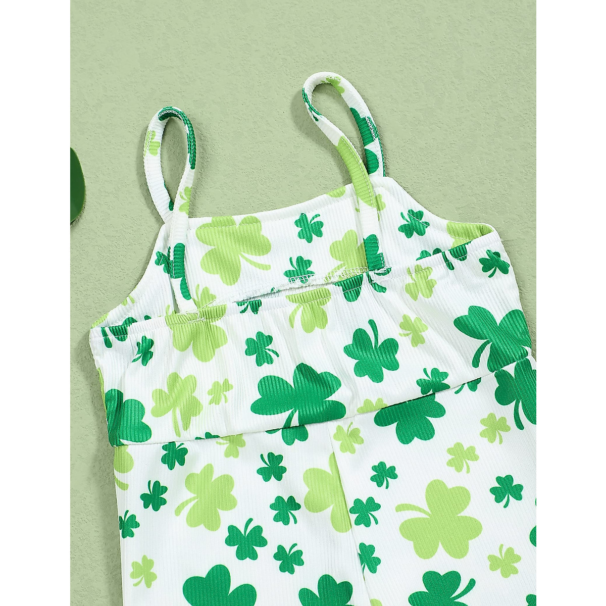 Sinda Toddler Baby Girl St. Patrick's Day Outfit Lucky Clover Print Sleeveless Bell-bottom Pants St.Patrick's Day Jumpsuit