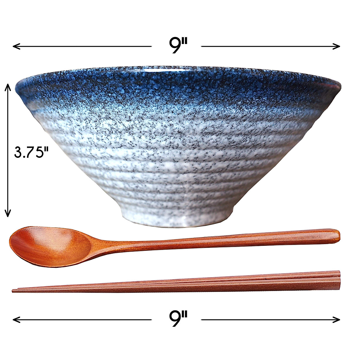 Evovee Japanese Ramen Bowls and Spoons Set 60 oz Ceramic Extra Large Asian Noodle Bowls Ramen Bowls and chopsticks and spoons set of 2 Japanese Bowls Pho Bowl Ramen Bowl Set 9 inch Blue