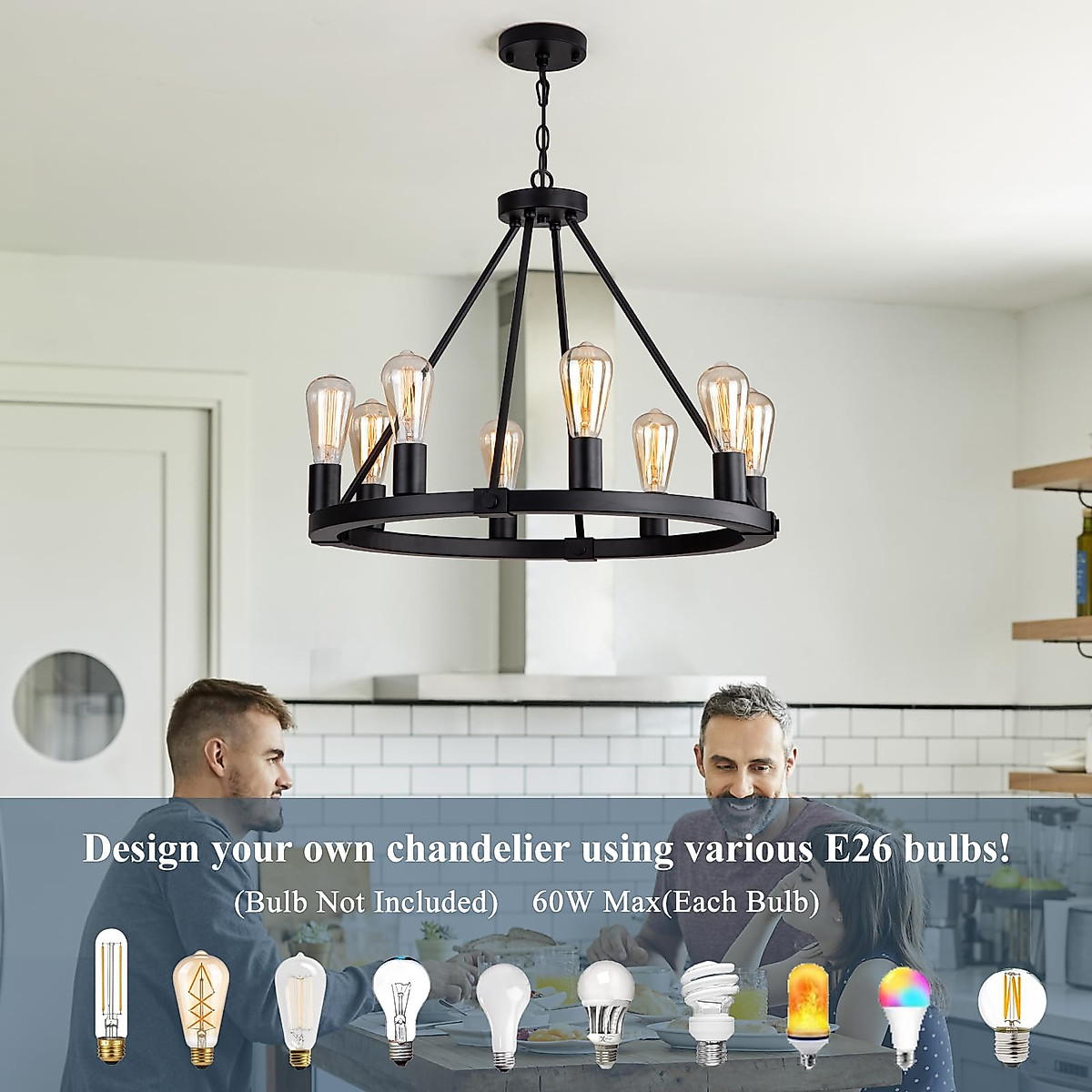 9MMML 23.6" 8 Lights Wagon Wheel Chandelier,Black Metal Round Industrial Vintage Kitchen Island Pendant Light for Living Dining Room Foyer Entryway,Height Adjustable,E26.