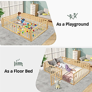 TURRIDU Queen Size Montessori Floor Bed, Multifunctional Wood Bed Frame with Fence & Door for Children Boys Girls Bedroom Living Room, Without Slat & Unlimited Weight, Natural