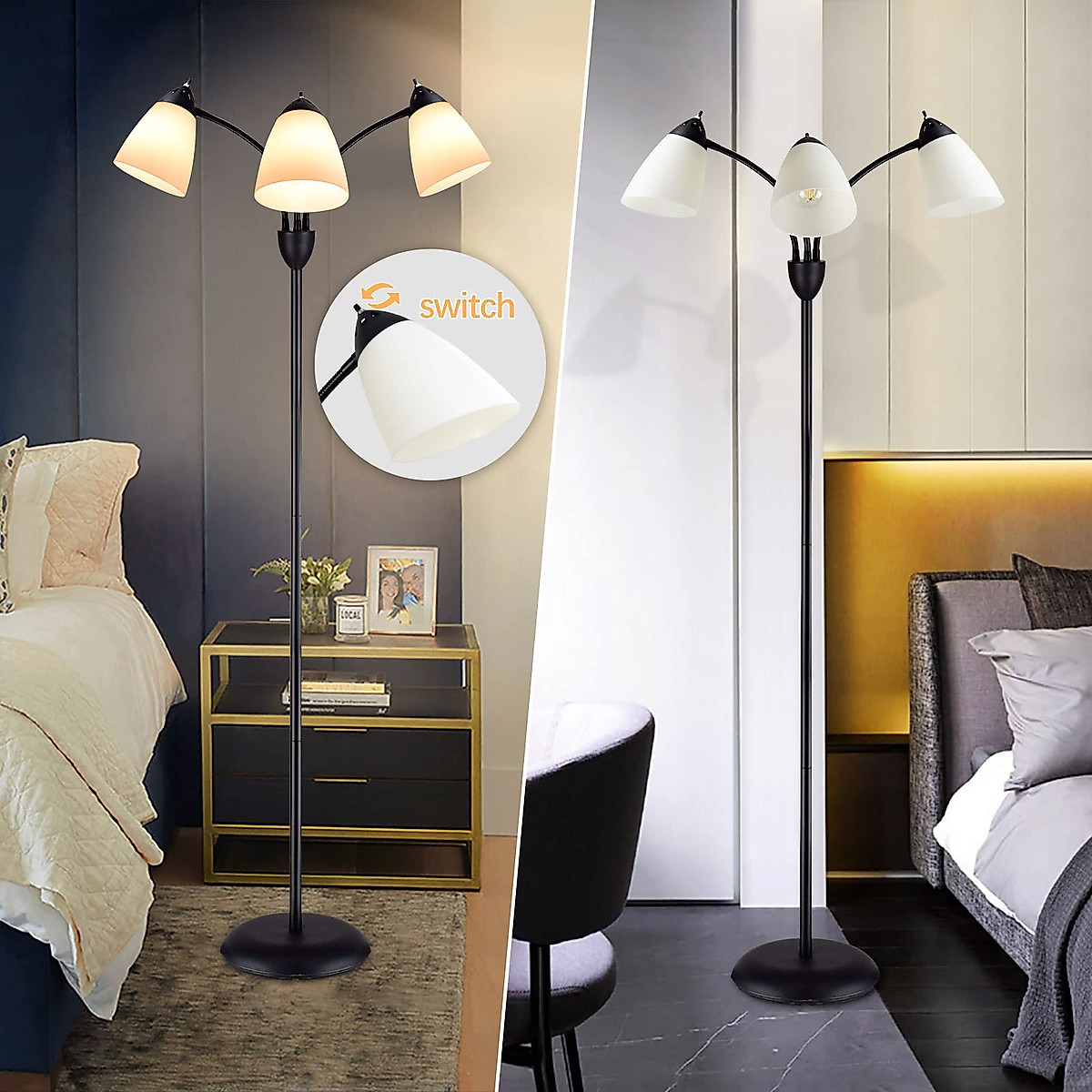 DINGLILIGHTING DLLT Modern Reading Floor Lamp, 3-Light with Adjustable Flexible Gooseneck Tree Standing Lamp for Living Room, Bedroom, Study Room, Office -Black Metal White Shades, E26 Base, UL