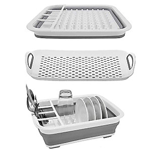 Ahyuan Collapsible Dish Drying Rack with Drainboard Tray Space Saving Camper Accessories Kitchen Storage Organizer RV Accessories for Inside Camper Accessories for Travel Trailers (with Drainboard)