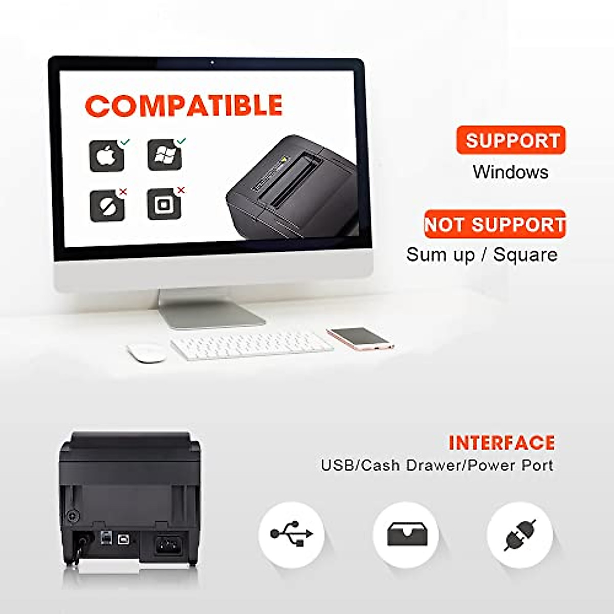 MUNBYN USB 80mm Receipt Printer, POS Printer with Auto Cutter ESC/POS Command for Windows（Only USB Connection）