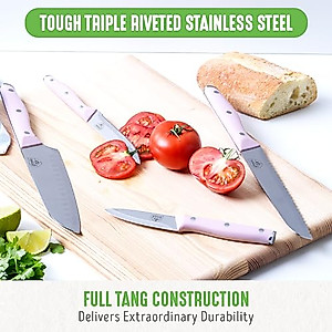GreenLife High Carbon Stainless Steel 13 Piece Wood Knife Block Set with Chef Steak Knives and more, Comfort Grip Handles, Triple Rivet Cutlery, Soft Pink