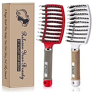 Detangling Brush Boar Bristles Set KTKUDY Hair Brush Curved and Vented Detangler Brush for Women Men Kids Wet and Dry Hair (Red&White)