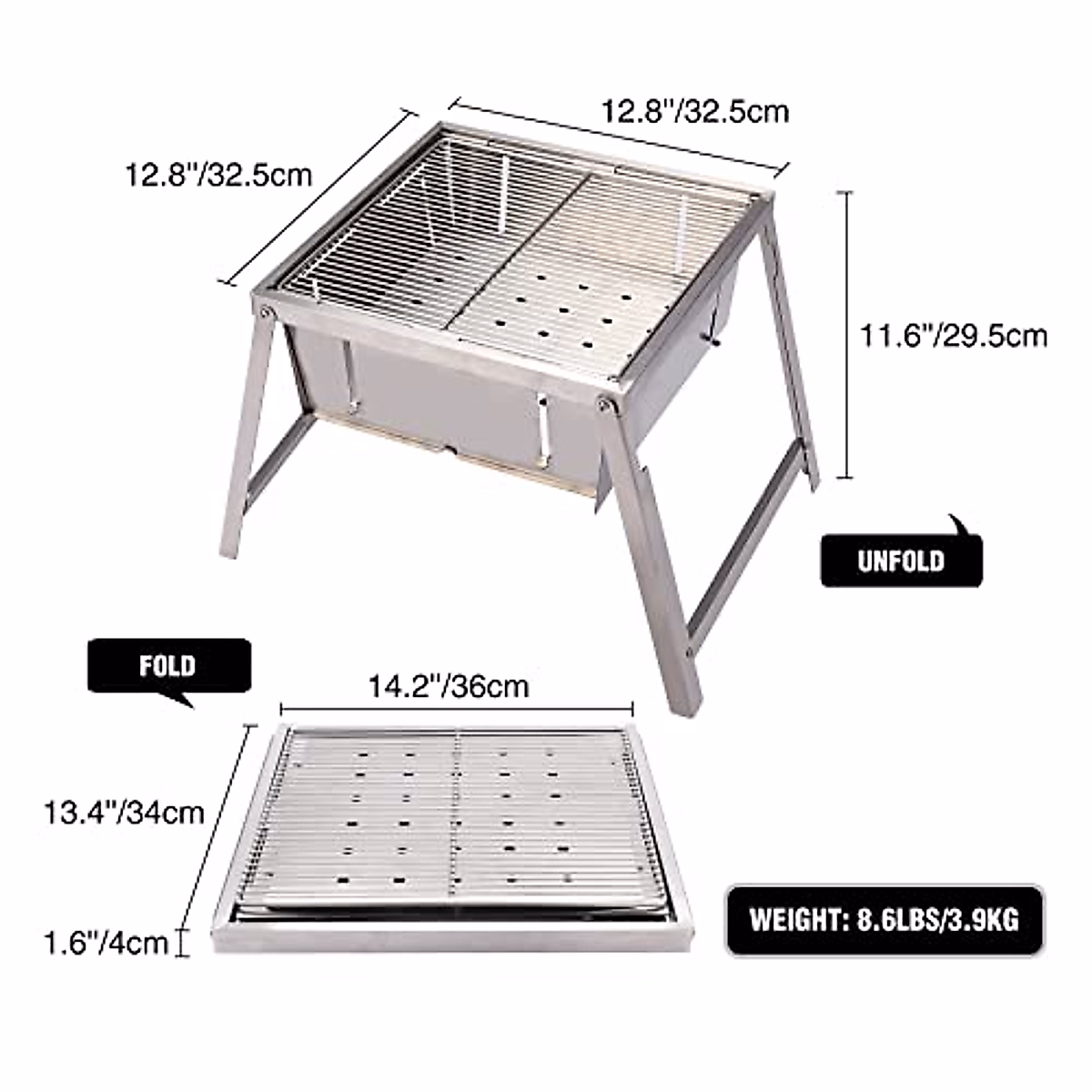 REDCAMP Pop up Camping Flatfold Fire Pit Portable & Wood Burning, 12.8" Folding Collapsible Stainless Steel Backpacking Grill Charcoal for Outdoor Cooking BBQ