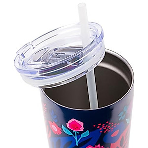 Silver Buffalo Disney Alice in Wonderland Floral Pattern Double Walled Stainless Steel Tumbler with Straw, 22 Ounces, Multicolor