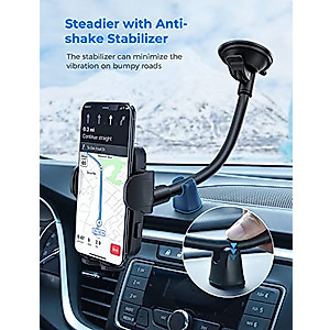 Car Phone Mount - Upgraded Windshield Dashboard Car Phone Holder with Long Gooseneck Phone Holder for Car Windshield, Compatible with iPhone 13 12 Pro Max 11, Galaxy Note 22 S21 S20 and More