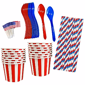 Outside the Box Papers Patriotic Ice Cream Sundae Kit - July Red and White Stripe Paper Treat Cups - Plastic Spoons - American Flag Picks - Paper Straws - 16 Each