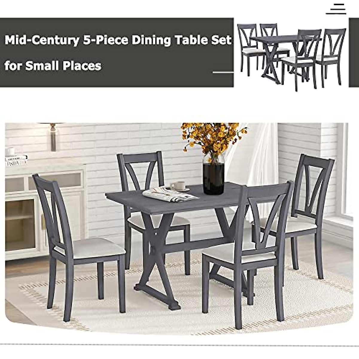 Harper & Bright Designs 5-Piece Dining Table Set with 4 Upholstered Dining Chairs, Solid Wood Dining Furniture Set for Small Place, Kitchen, Dining Room, Antique Grey