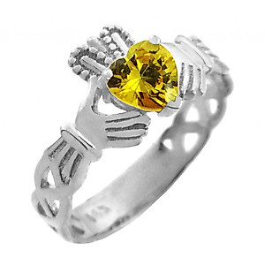 925 Sterling Silver Celtic Knot Band Claddagh Ring with Yellow CZ Heart