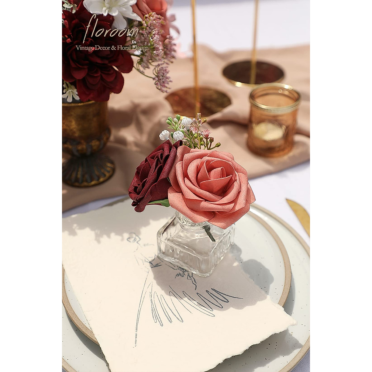 Floroom Artificial Flowers 25pcs Real Looking Burgundy & Pinky Cedar Foam Fake Roses with Stems for DIY Wedding Bouquets Bridal Shower Centerpieces Floral Arrangements Party Tables Home Decorations