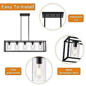 VINLUZ Farmhouse Chandeliers Rectangle Black 5 Light Dining Room Lighting Fixtures Hanging, Kitchen Island Cage Pendant Lights Contemporary Modern Ceiling Light with Glass Shade Adjustable Rods