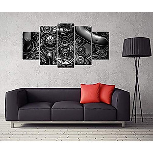 VVOVV Wall Decor - 5 Piece Canvas Prints Engine Engineering Closeup Gear And Chain Black And White Photos Wall Art Modern Home Decor Stretched and Framed Ready to Hang(60inchx32inch)