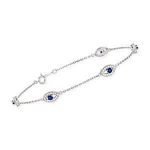 Ross-Simons 0.30 ct. t.w. CZ and .20 ct. t.w. Simulated Sapphire Evil Eye Station Bracelet in Sterling Silver. 7 inches