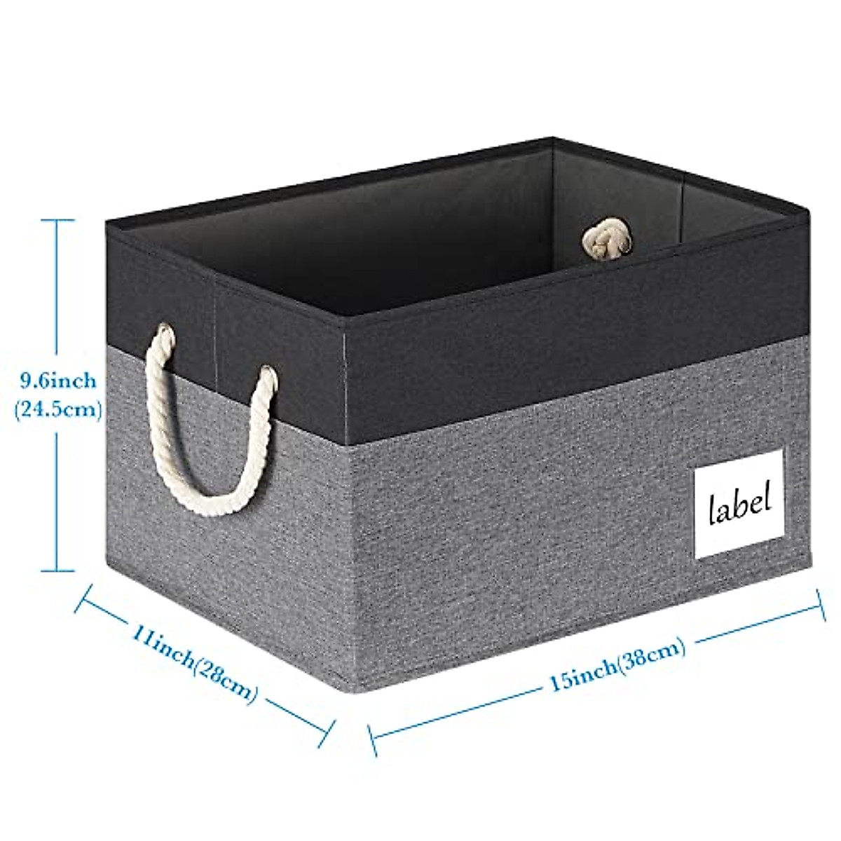 RVSNQ Large Fabric Storage Bins, Closet Storage Bins with Cotton Rope Handle and Label, Foldable Storage Boxes for Organizing, Storage Baskets for Shelves Bedroom Closet Office(3-Pack, Grey&Black)