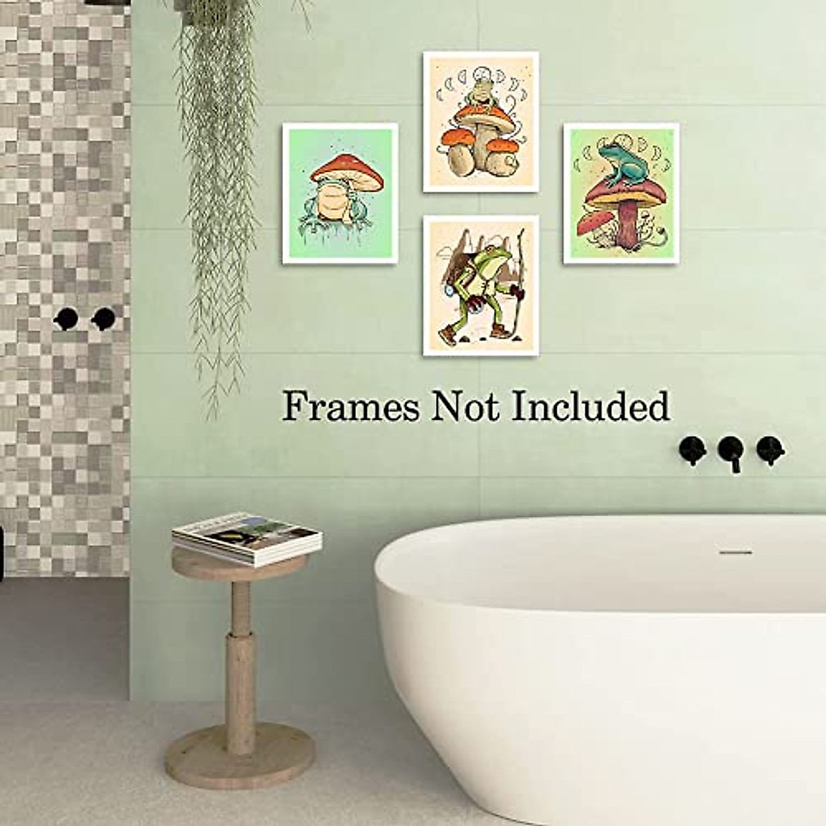 Funny Frog Posters Vintage Frog Mushroom Wall Art Prints, Retro Cute Frog Mushroom Creativity Nature Illustration Canvas Art Prints for Bathroom Bedroom Living Room Decor, Set of 4-(8”x10”, Unframed)