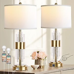 QiMH Table Lamp for Living Room with USB A+C Ports, Gold Bedside Lamps for Bedrooms Set of 2 with Touch Control, Modern Nightstand Lamp White Lamp Shade Home Office Decor (2700K LED Bulb Included)