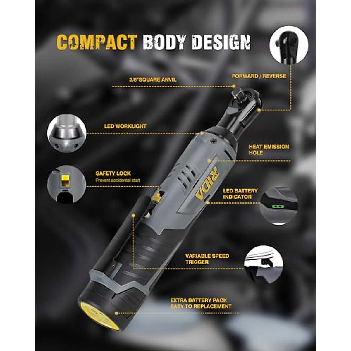 RIDA Cordless Electric Ratchet Wrench Set 40 Ft-lbs 400 RPM 3/8" 12V Cordless Ratchet Kit w/ 2-Pack Li-Ion Batteries & 60-Min Fast Charge, Variable Speed Trigger 8 Sockets New Year presents
