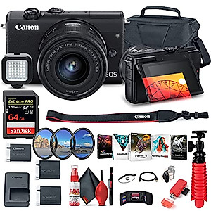 Canon EOS M200 Mirrorless Digital Camera with 15-45mm Lens (Black) (3699C009) + 64GB Memory Card + Case + Filter Kit + Corel Photo Software + 2 x LPE12 Battery + External Charger + More (Renewed)