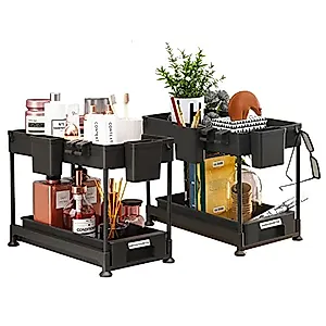 Under Sink Bathroom and Kitchen Cabinet Organizer, Countertop organizer, 2-Tier Sliding Large Capacity Storage Drawer With Hooks, Bathroom And Kitchen Organization And Storage, Multipurpose organizer