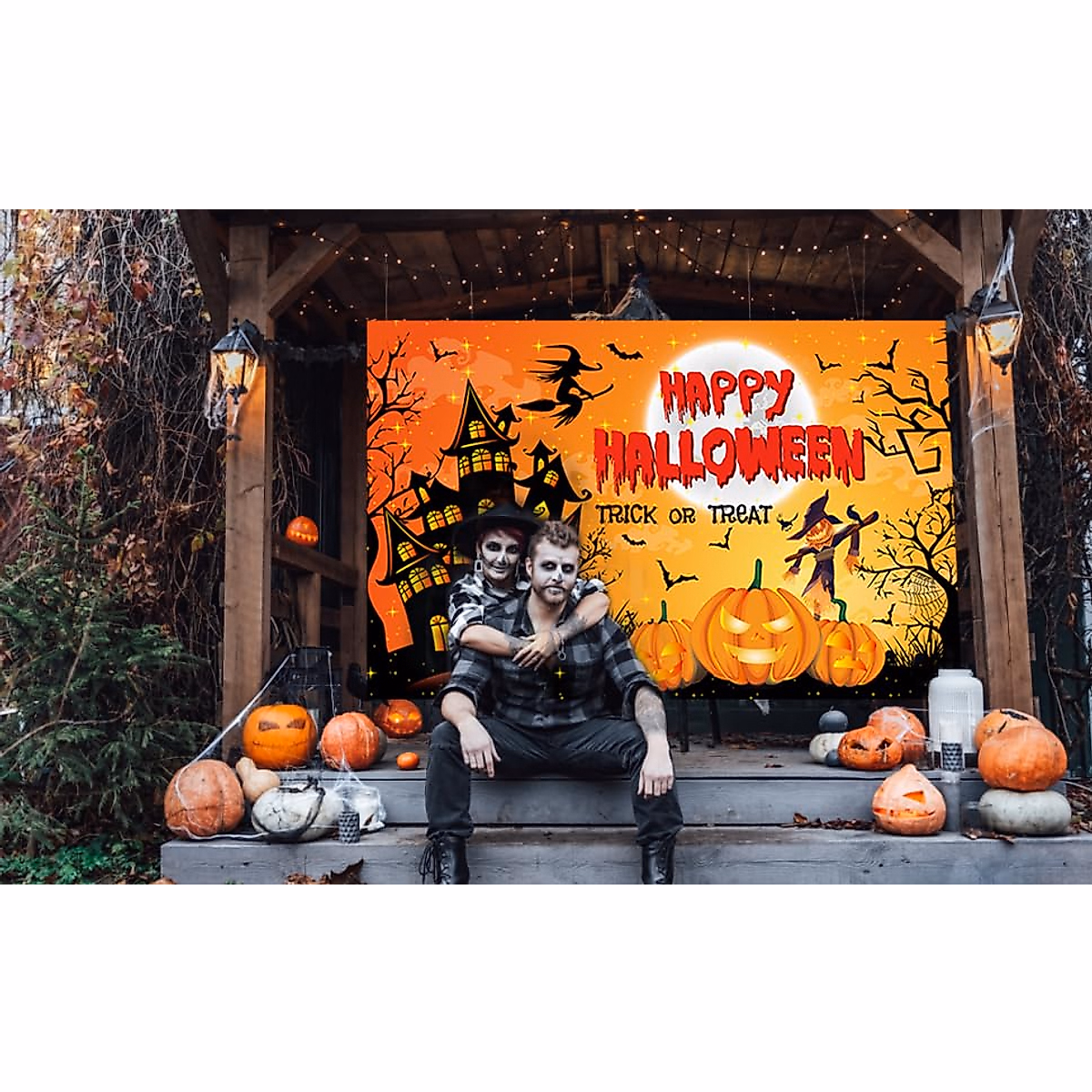 Halloween Party Decorations, Large Fabric Halloween Backdrop Pumpkin Lantern Cemetery Gate Spooky Night Banner Orange Moon Pumpkin Castle for Scary Halloween Party Supplies (Orange)