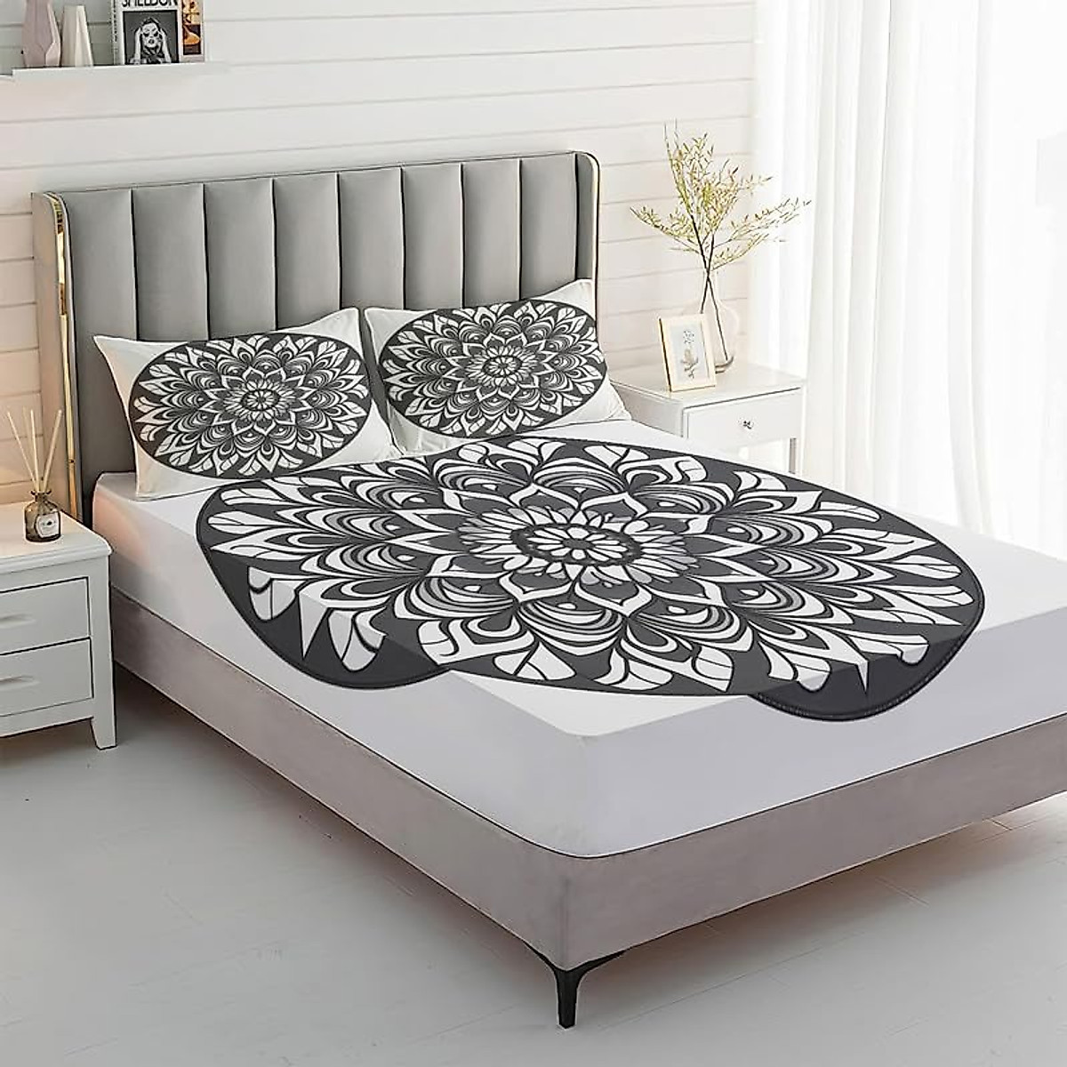 NANDHA Mandala Sheet Set Full Size - Boho Bed Sheets - Ethnic Printed Bedding Sheets & Pillowcases - Super Soft & Deep Pocket & Winkle Free - 4 Piece (Flat, Fitted Sheet & 2 Pillowcases)