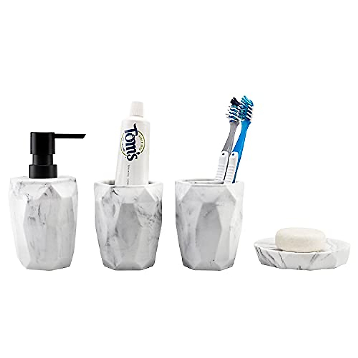 MyGift 4 Piece Modern Bathroom Accessory Set with Marbled Pattern and Geometric Design Includes Lotion Dispenser, Toothbrush Holder, Tumbler, Soap Dish