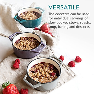 Navaris Cast Iron Round Cocottes (Set of 4) - 4.1" Mini Cocotte Dutch Oven Dishes with Enamel Coat, 9.8 oz - Teal/Violet/Green/Grey