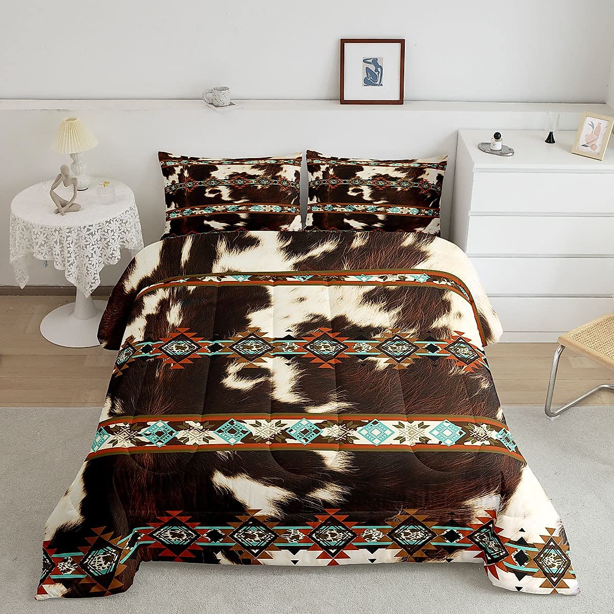 Erosebridal Cowhide Quilt Brown Highland Cow Print Queen Comforter Set,Western Bedding Set Exotic Aztec Duvet Insert,Farmhouse Wild Animals Longhorn Skin Room Decor Cowboys Gifts for Men