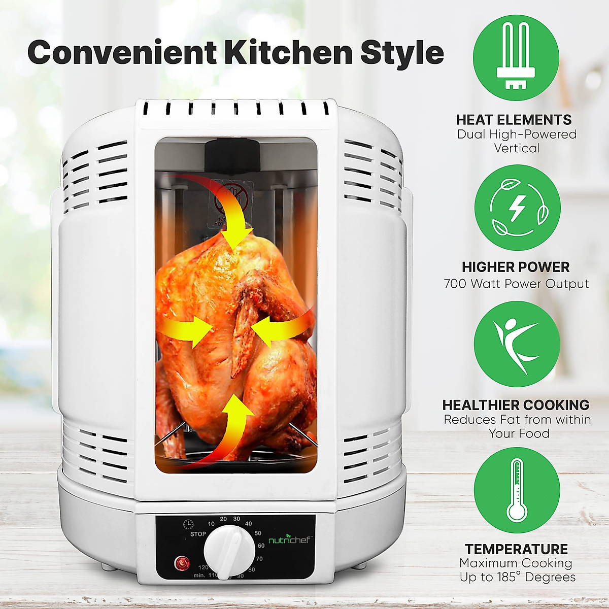 NutriChef Vertical Rotisserie Oven Roaster - Rotating Shawarma/Kebab Machine with Skewer and Rack, Basket Tower, Roasting Rack, Poultry Tower, Drip Tray - For Meat Chicken Turkey Lamb - PKRT15 White