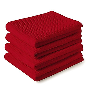 Encasa Homes Anti-Odour Waffle Kitchen Dish Towels, 18 x 28 inch (4 Pc Set) Highly Absorbent, Tea Towels for Cleaning & Quick Drying, Eco-Friendly Cotton - Red