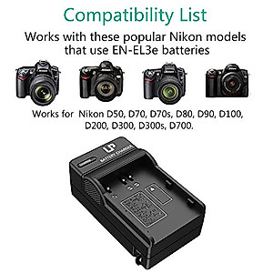 EN-EL3e Battery Charger, LP Charger for Nikon EN EL3e, EL3, EL3a Battery, Compatible with Nikon D700, D300s, D300, D200, D100, D90, D80, D70s, D70, D50, Replacement for Nikon MH-18, MH-18a, MH-19