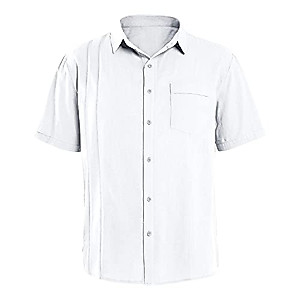 Men Cotton Linen Button Down Shirts Short Sleeve Summer Beach Tops Lightweight Casual V Neck Plain Holiday Shirt (White,Large)