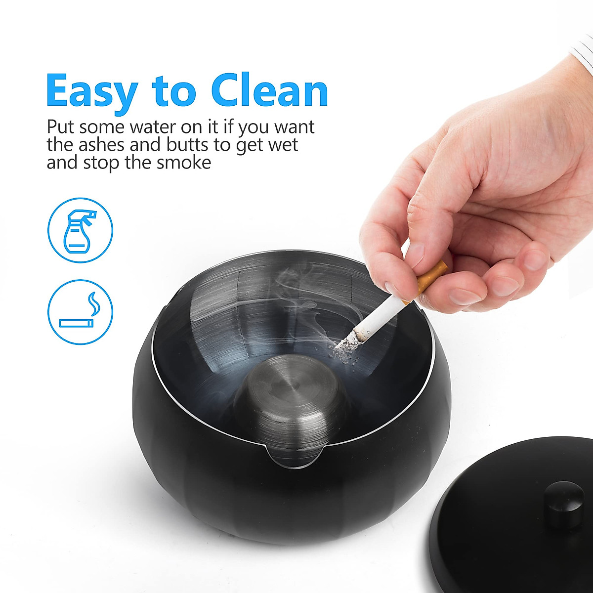 Ashtray for Cigarette JSVER Stainless Steel Ashtray, Smokeless Odorless Ash Tray with Lids, Tabletop Ashtrays For Home Office Outdoor Balcony (Black)