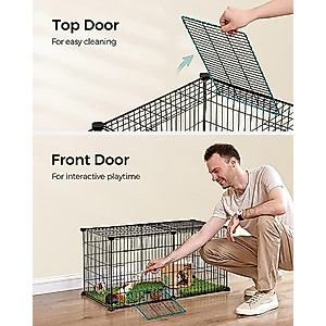 SONGMICS Small Animal Playpen, Pet Cage with Top and Base, 2 Doors, Easy to Clean, Metal Wire Guinea Pig Pen for Hamsters, Hedgehogs, L, 32.5 x 16 x 16 Inches, Black ULPI009B01