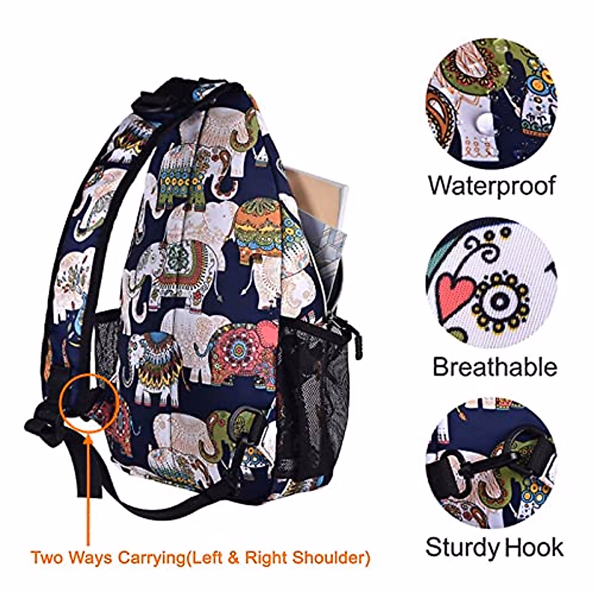 MOSISO Sling Backpack,Travel Hiking Daypack Pattern Rope Crossbody Shoulder Bag, Elephant