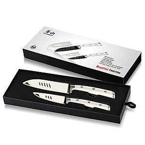Cangshan S+ Series 1022100 German Steel Forged 2-Piece Titanium Coated Santoku Starter Knife Set with Sheaths, Vanilla White