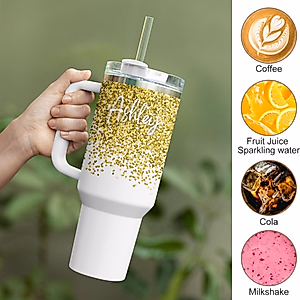 Personalized 40 oz Tumbler With Handle And Straw Lid Glitter - Dishwasher Safe Stainless Steel Insulated Travel Mug - Custom Name Tumbler Gift For Women Mom Friend Teacher Nurse Her Birthday Christmas