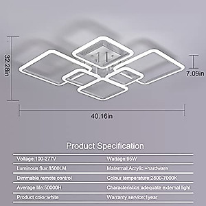 JULINSHUN Modern LED Ceiling Light,95W Remote Control Dimmable Ceiling Lamps,6 Rings White Modern LED Ceiling Light for Living Room, Bedroom, Study, Office