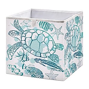 Blueangle Sea Turtle Starfish Cube Storage Bin, 11 x 11 x 11 in, Large Collapsible Organizer Storage Basket for Home Décor（878）