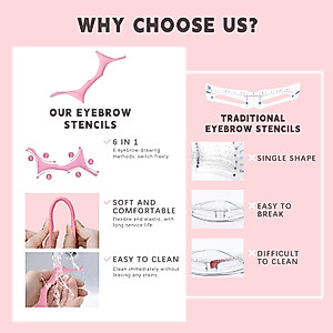 HOSAILY Silicone Eyebrow Stencils, 6 in 1 Reusable Eyebrow Template for Brow Stamp, 6 Eyebrow Shapes Beginners Friendly Eye Makeup Aid Brow Buddy Beauty Ruler, Professional Quick Eye Makeup Tool-Pink