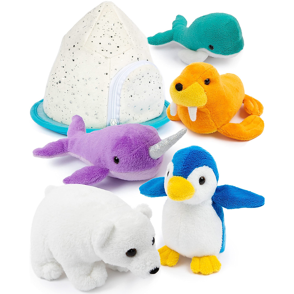 PREXTEX Stuffed Animal with Babies Inside - Five Small Plush Christmas Stuffed Animal House - Penguin Toy, Polar Bear Plush, Whale, Narwhal, Walrus, Toy Igloo - Artic Stuffed Animals for Girls/Boys