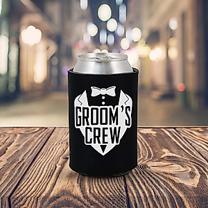 The Groom Tuxedo and Groom’s Crew Tuxedo Wedding Can Sleeve Cooler Insulated Drink Coozies Soda Beer Hugger Coolies (Crew Tux, 7 Pk)