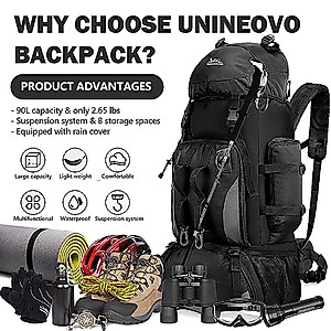 Unineovo 90L Large Capacity Outdoor Backpack for Women Men, Rainproof Camping Backpack with Rain Cover for Hiking, Camping and Traveling,Frameless (Black)