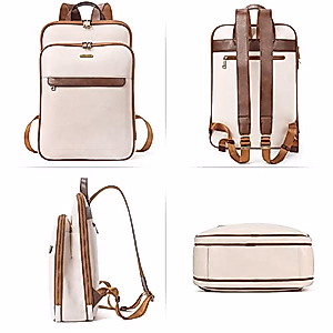 CLUCI Leather Laptop Backpack Purse for Women 15.6 inch Computer Backpack Stylish Travel Bag Daypack Beige with Brown